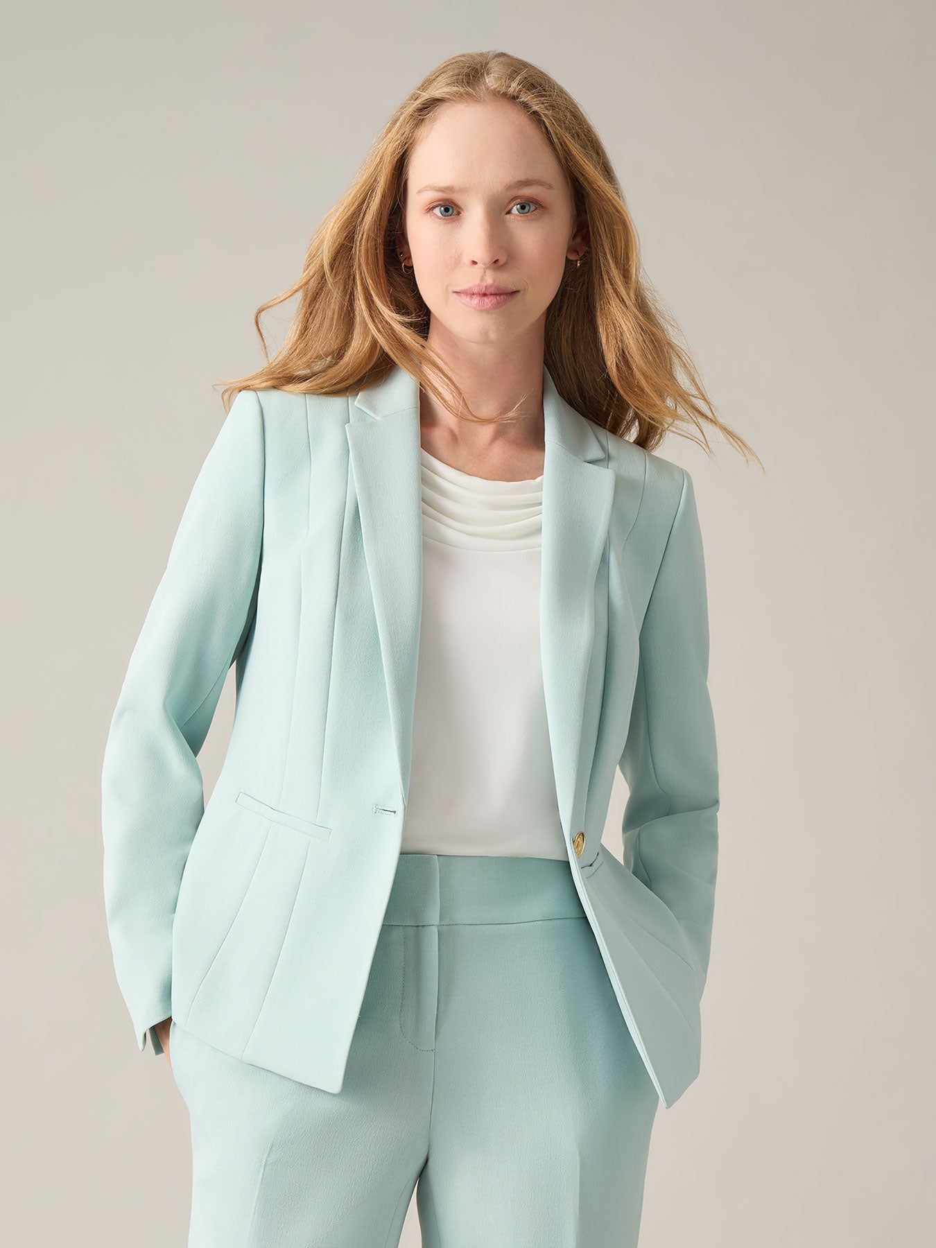 One Button Double Seamed Blazer, Stretch Crepe in Sea Glass | Kasper