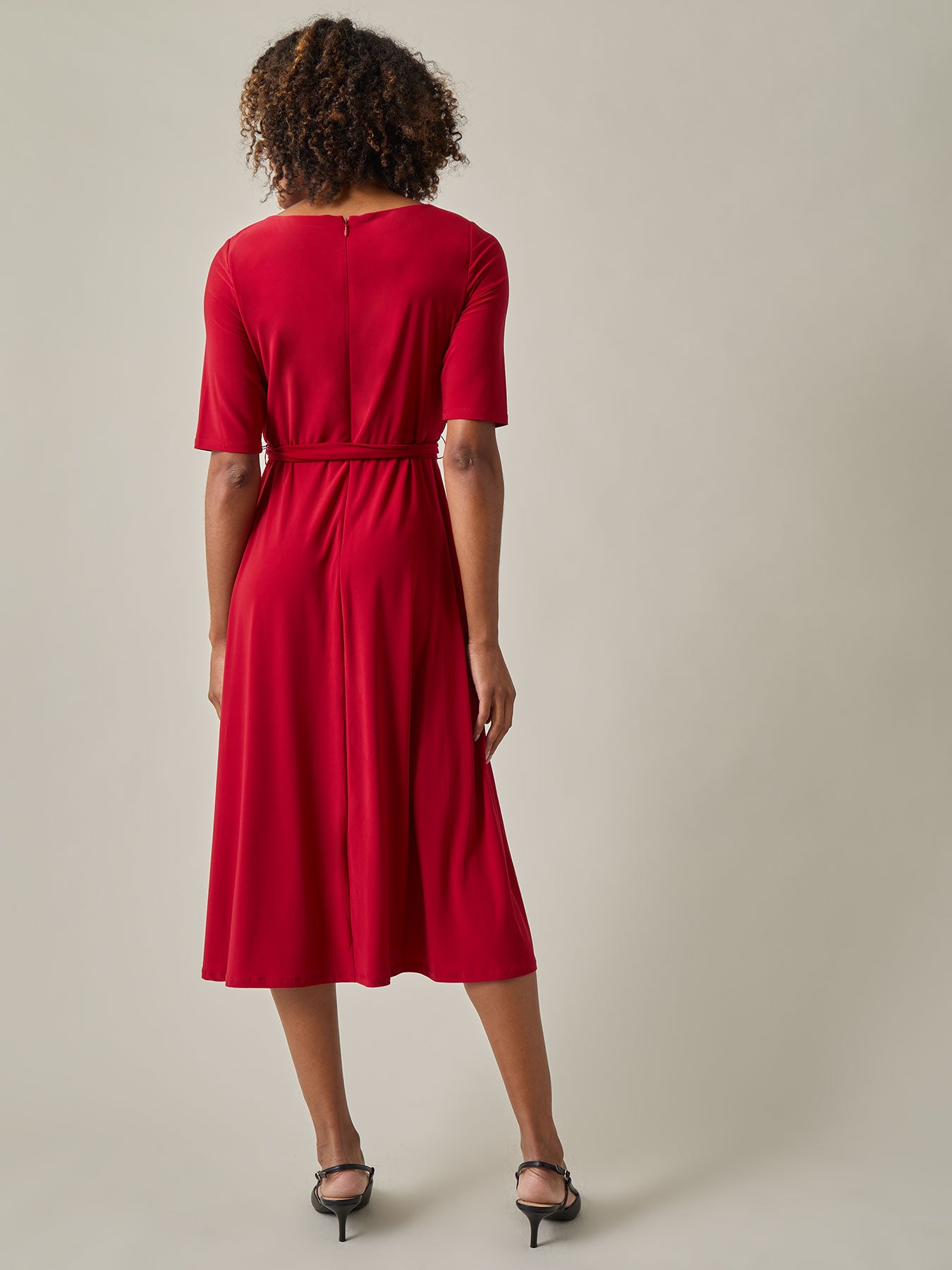 Crew Neck Tie Waist Flare Dress, Everyday Knit in Fire Red | Kasper