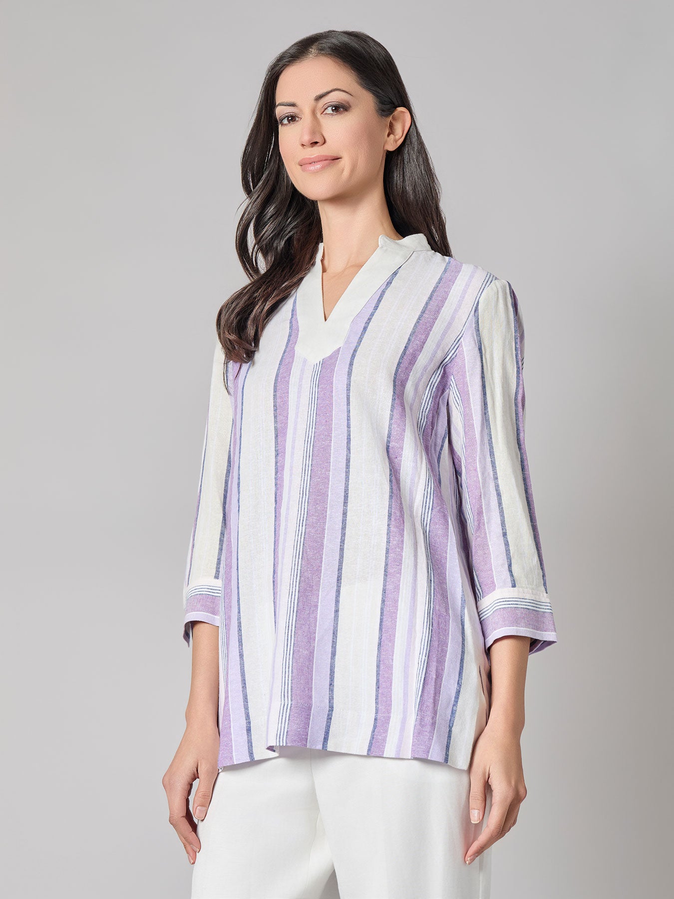 Striped Blouse, Linen in Lavender Mist Multi | Kasper
