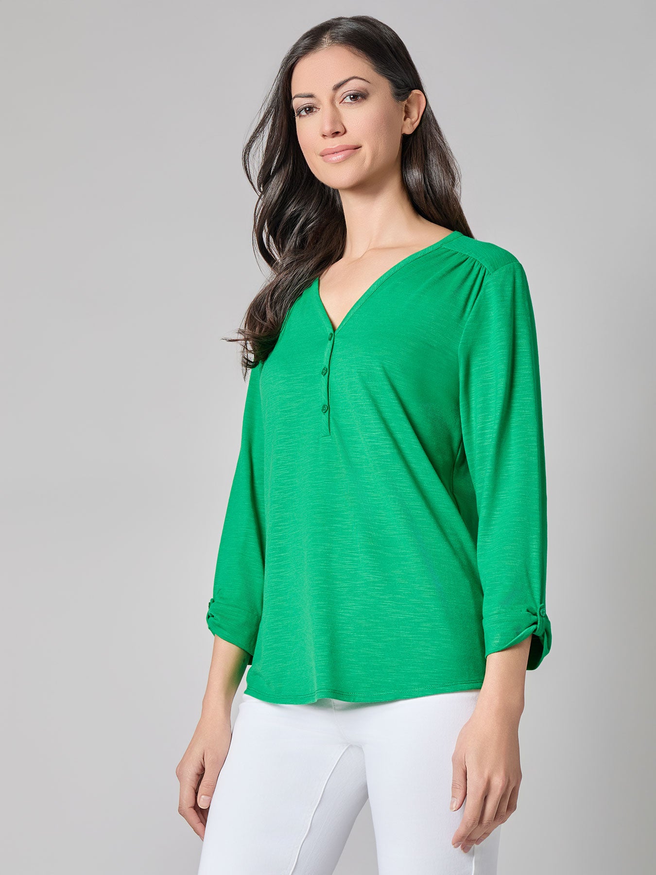 Y-Neck Blouse in Apple Green | Kasper