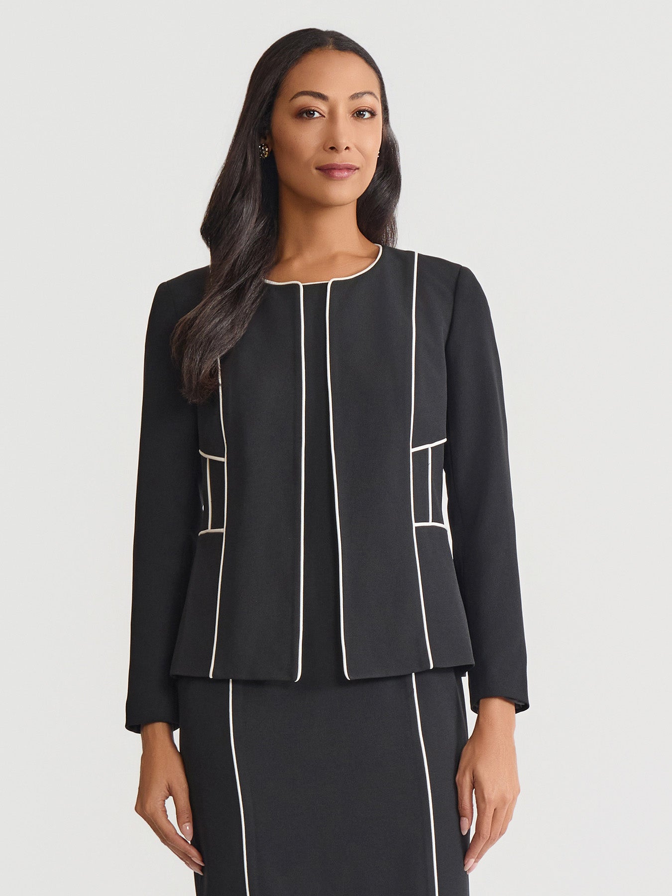 Open Front Corded Jacket, Stretch Crepe in Black/Vanilla Ice | Kasper