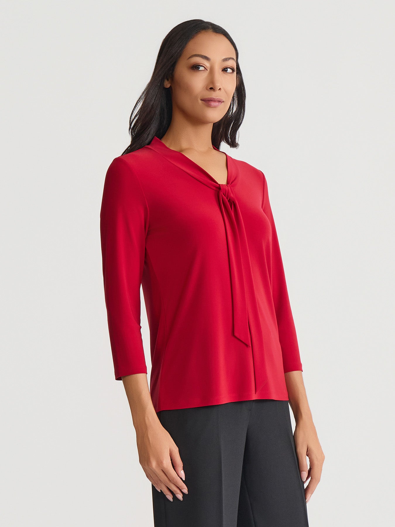 Tie Neck Top, Everyday Knit in Fire Red | Kasper