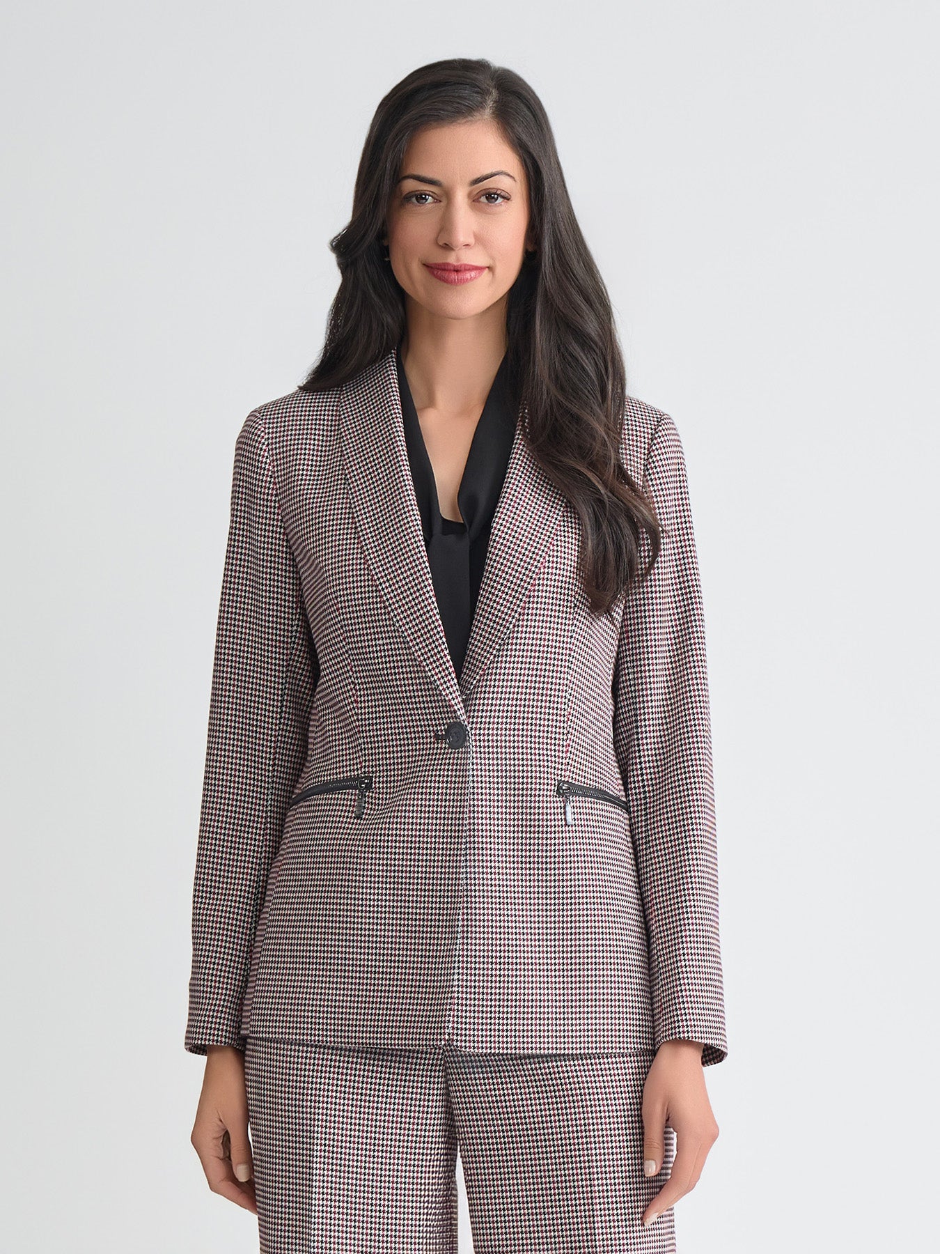 Petite One Button Princess Seam Blazer, Houndstooth in Black/Fire Red