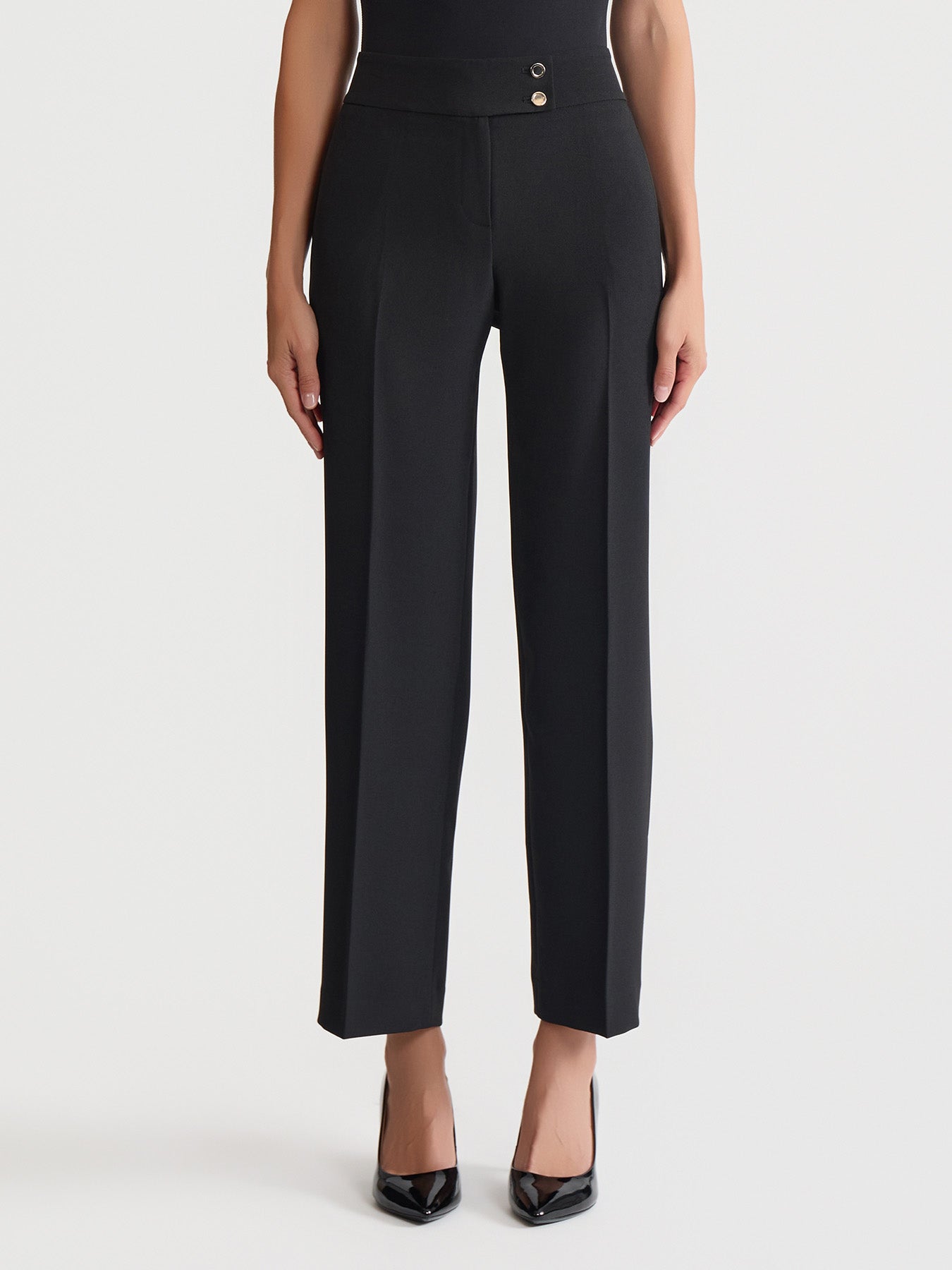 Plus Button Tab Trouser, Stretch Crepe in Black | Kasper