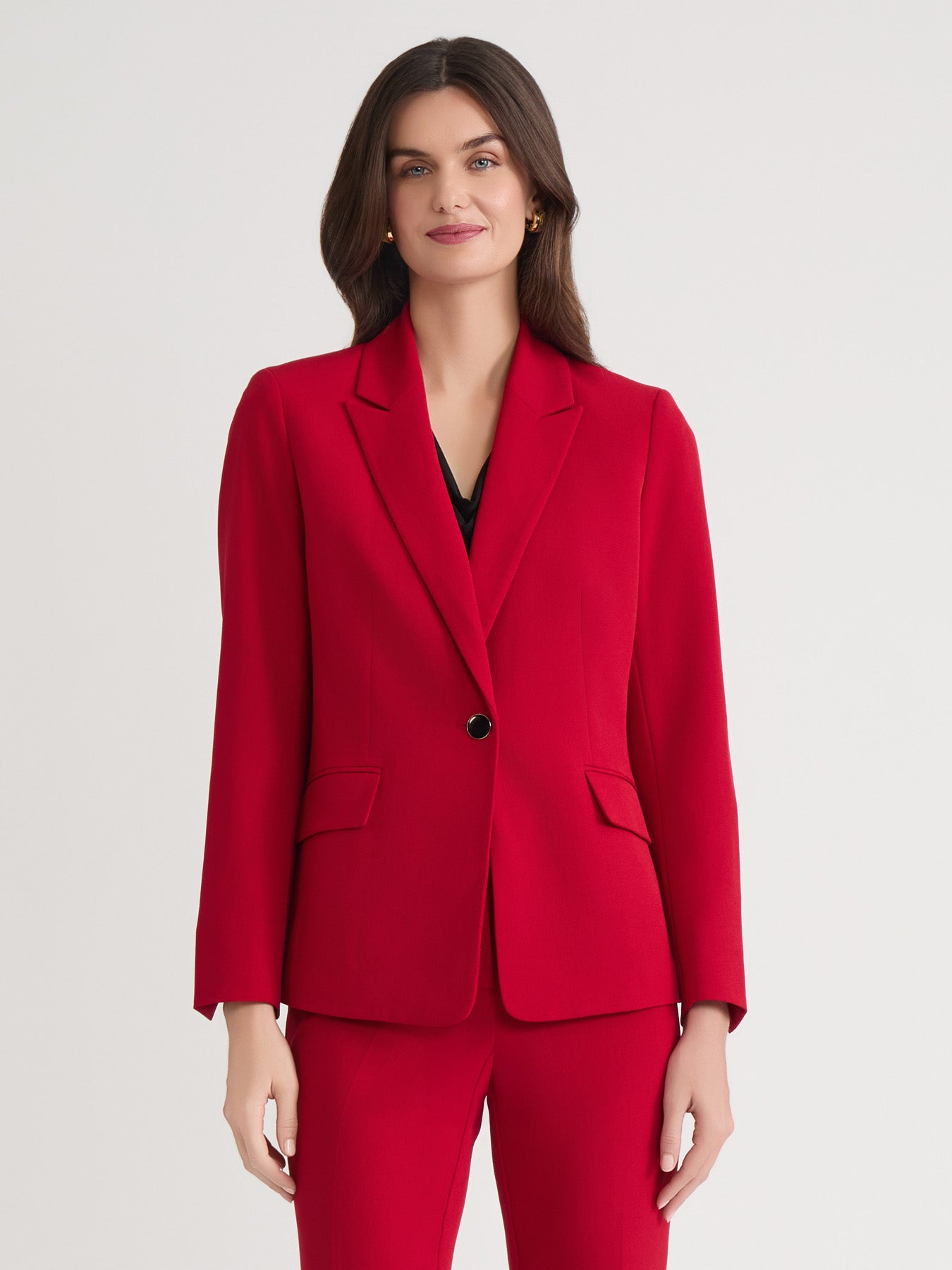 Petite One Button Blazer, Stretch Crepe in Fire Red | Kasper