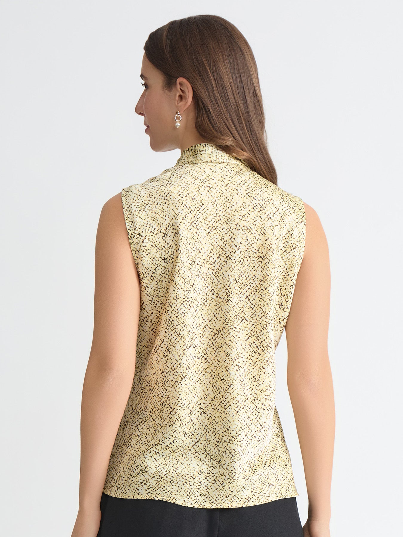Tie Neck Sleeveless Blouse, Classic Drape in Pale Yellow Multi | Kaspe