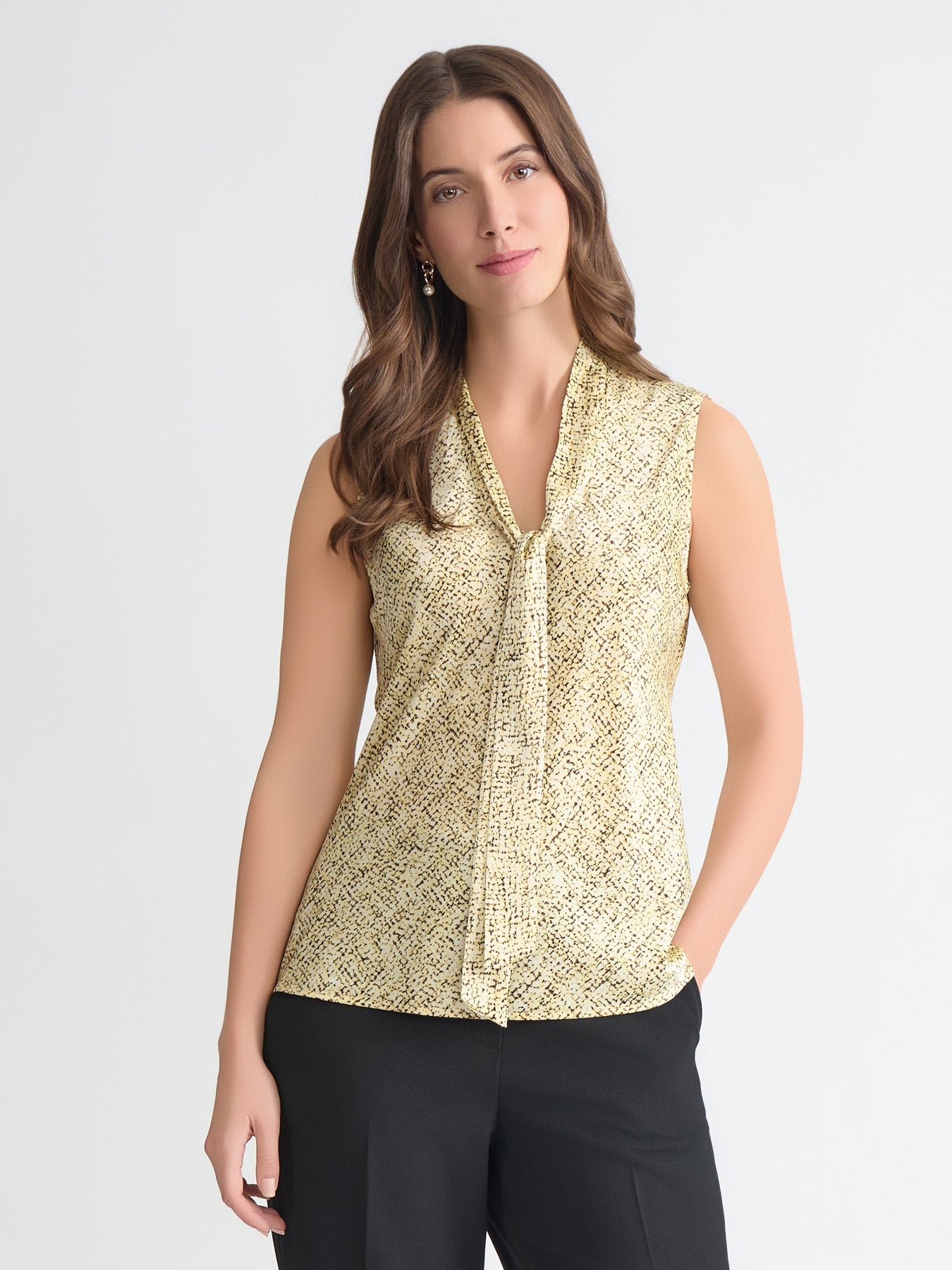 Tie Neck Sleeveless Blouse, Classic Drape in Pale Yellow Multi | Kaspe