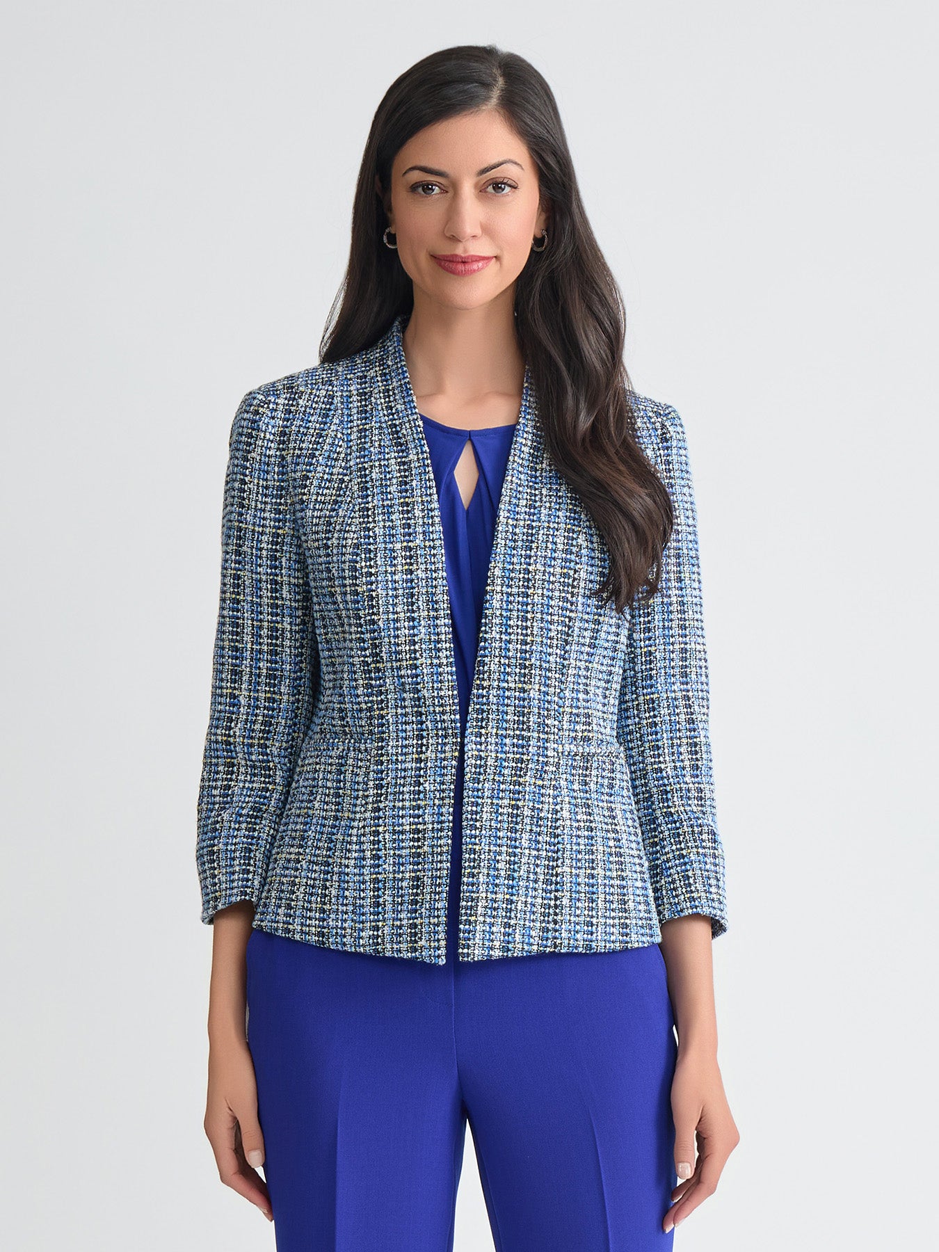 Open Front Seamed Jacket, Tweed in Royal Signature Multi | Kasper