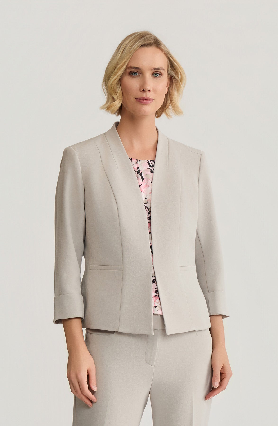 Plus Open Front Seamed Jacket, Stretch Crepe in Summer Straw | Kasper