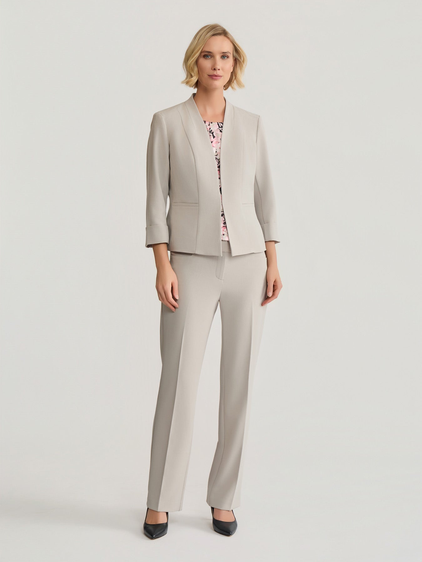 Plus Open Front Seamed Jacket, Stretch Crepe in Summer Straw | Kasper