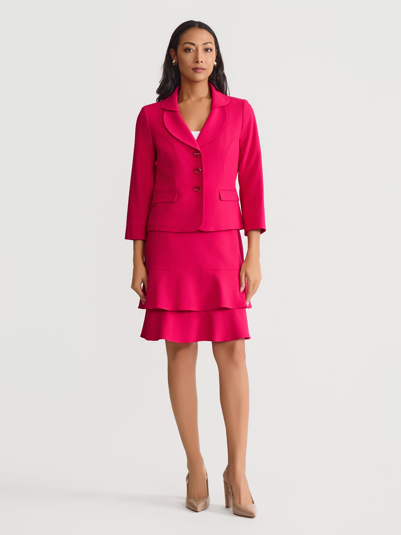 Three Button Crepe Jacket & Tiered Skirt Suit